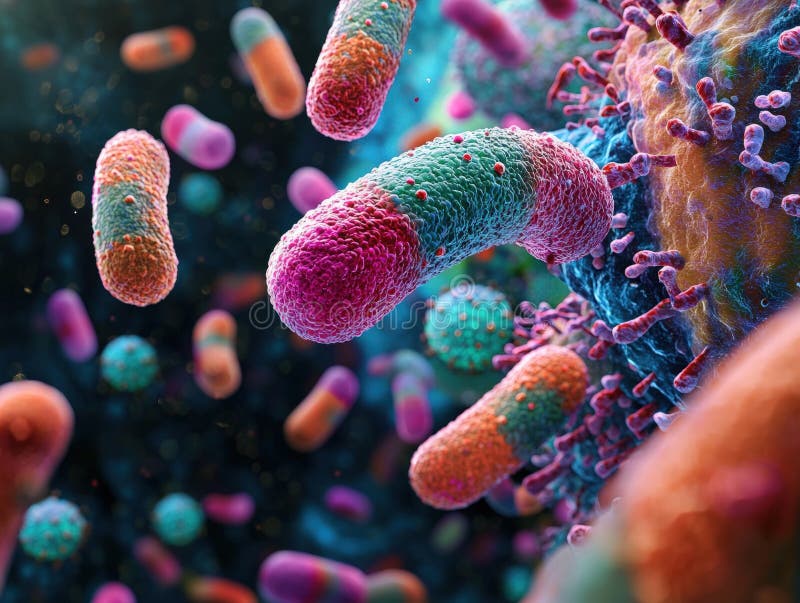 Microscopic View of Colorful Bacteria and Viruses Interacting Close Up ...