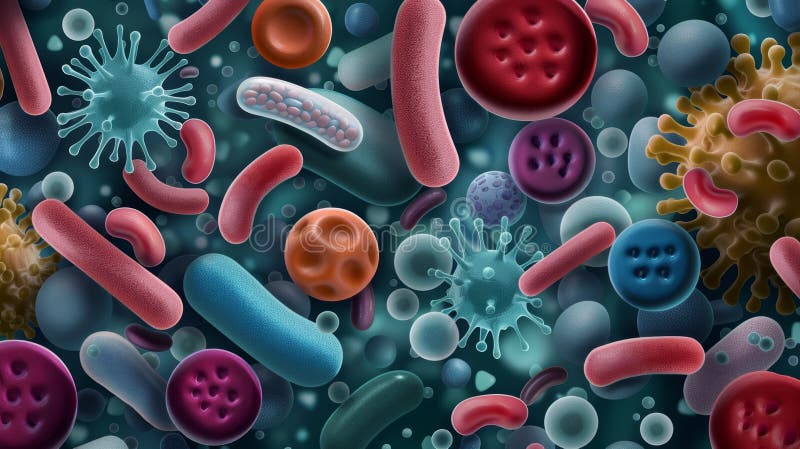 Microscopic View Of Colorful Bacteria And Viruses Showcasing Various Shapes And Forms In A