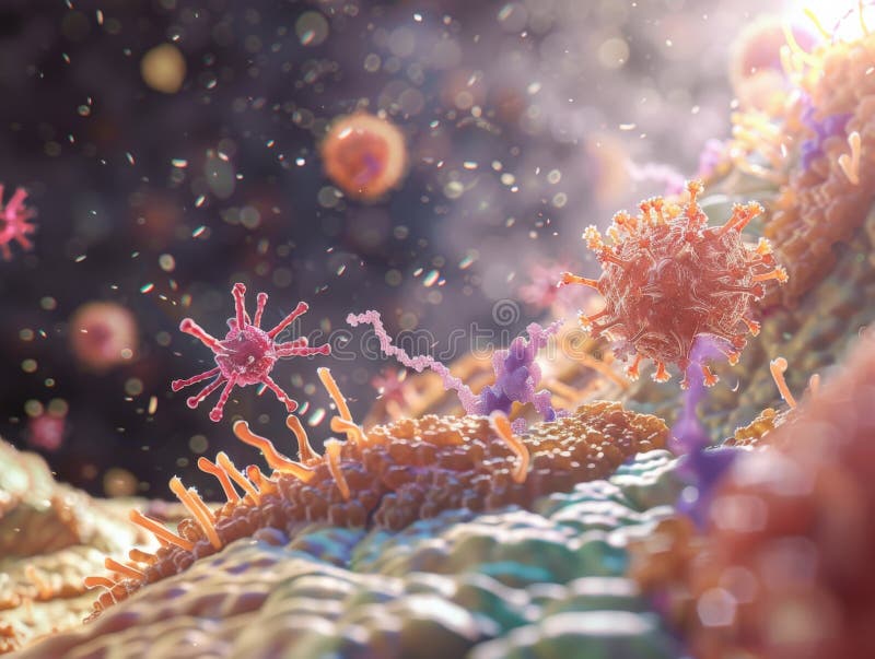 Microscopic View of Colorful Cells Interacting on a Cellular Surface ...