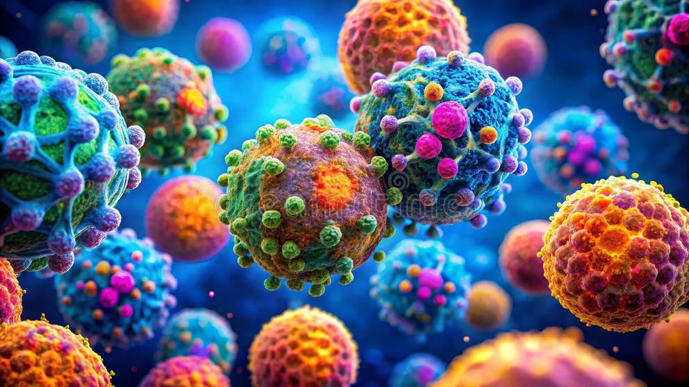 Microscopic View of Colorful Cellular Structures Interacting in a ...