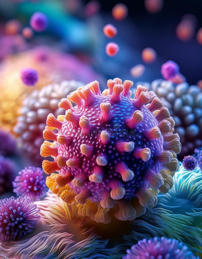Microscopic View of Colorful Covid Virus - Intricate Viral Particles ...