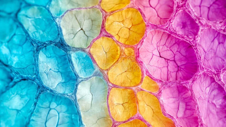 Microscopic View of Colorful Organic Cells Showing Intricate Network of ...