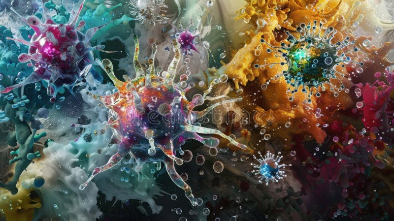 Microscopic View of Colorful Viruses and Bacteria Floating in Liquid ...