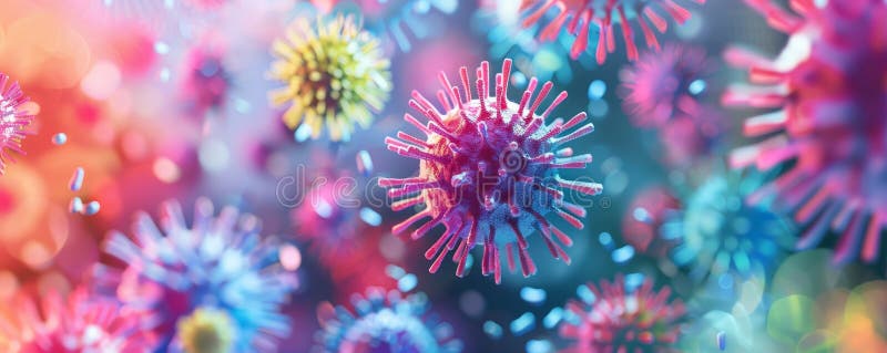 Microscopic View of Colorful Viruses, 3D Rendering. Disease and Health ...
