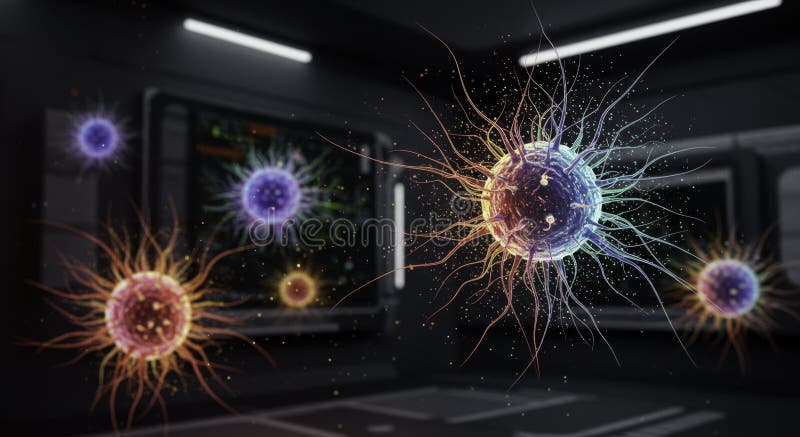 Microscopic View of Colorful Viruses in a Futuristic Laboratory Setting ...