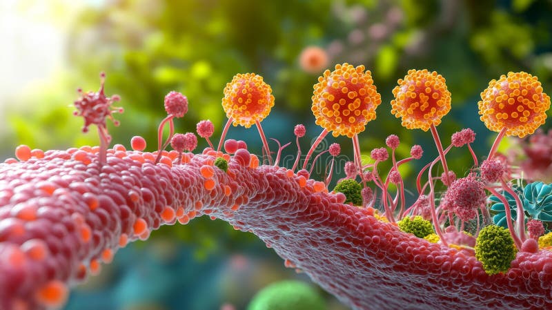 Microscopic View of Colorful Viruses on Red Cell Surface Stock ...