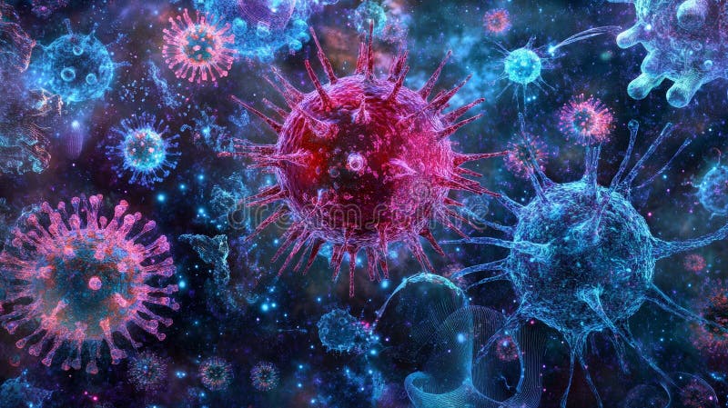 Microscopic View of Colorful Viruses in Space-like Background Stock ...