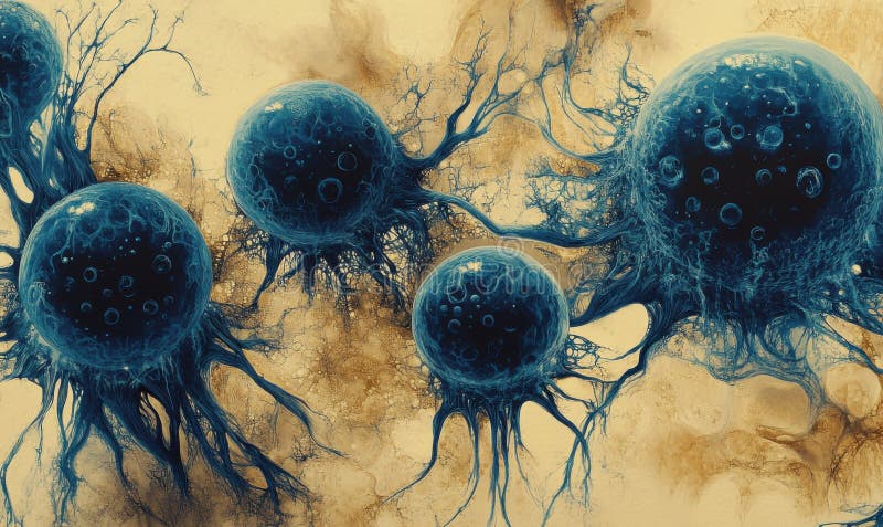 Detailed Microscopic View of Dark Blue Cells with Branching Structures ...