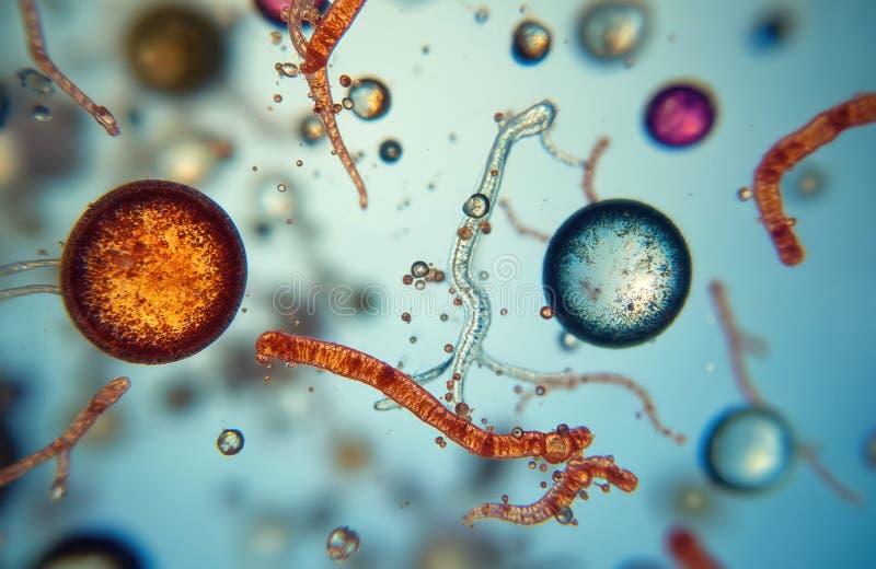 Microscopic View Displays Various Microorganisms Under Magnification ...