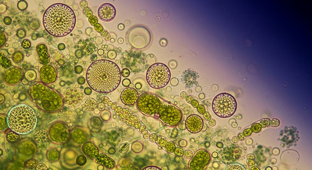 Microscopic View of Diverse Algae, Featuring Circular and Elongated ...