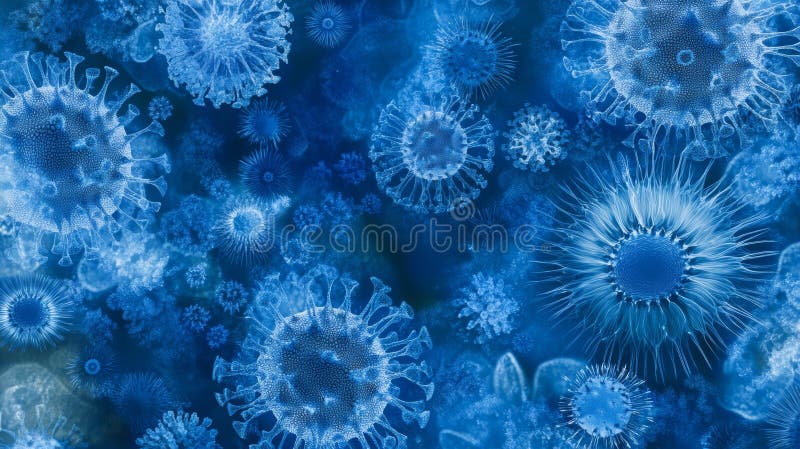 Microscopic View of Diverse Blue Viruses and Bacteria in Abstract ...