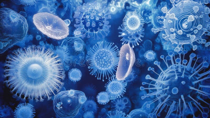 Microscopic View of Diverse Blue Viruses and Microorganisms in Detailed ...