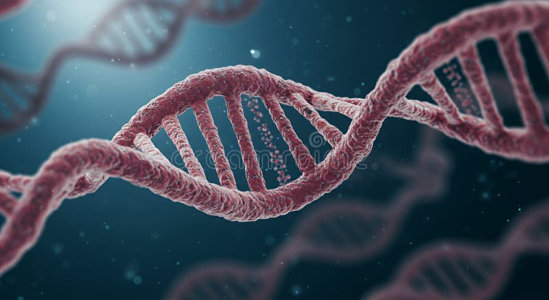 3D Render of Reddish Pink DNA Double Helix Against Dark Teal Background ...