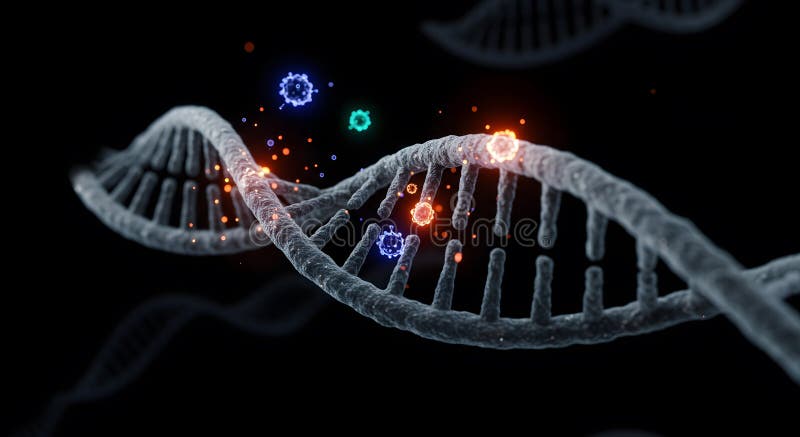 Microscopic View of DNA Strand with Viruses and Nanoparticles Attacking ...