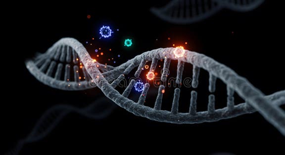 Microscopic View of DNA Strand with Viruses and Nanoparticles Attacking ...