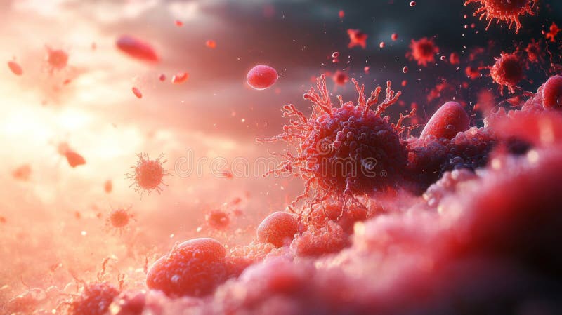 Microscopic View of Exploding Red Virus Cells Stock Illustration ...