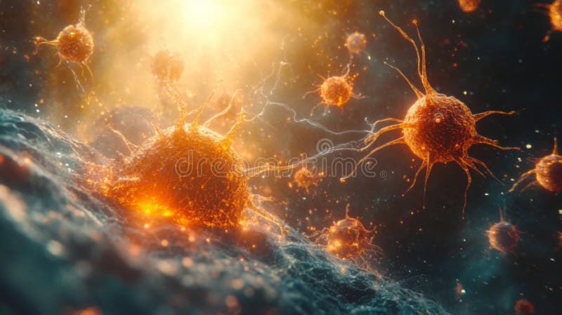 Microscopic View of Fiery Orange Cells Attacking a Surface Stock ...
