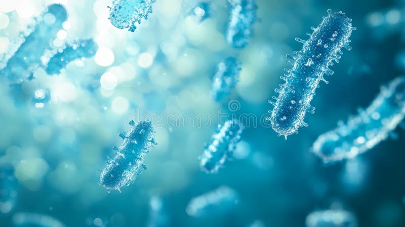 Microscopic View of Floating Blue Bacteria on a Blurred Background ...