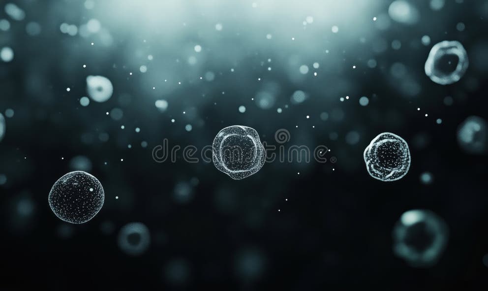 Microscopic View of Floating Cells in Dark Background, Showcasing ...