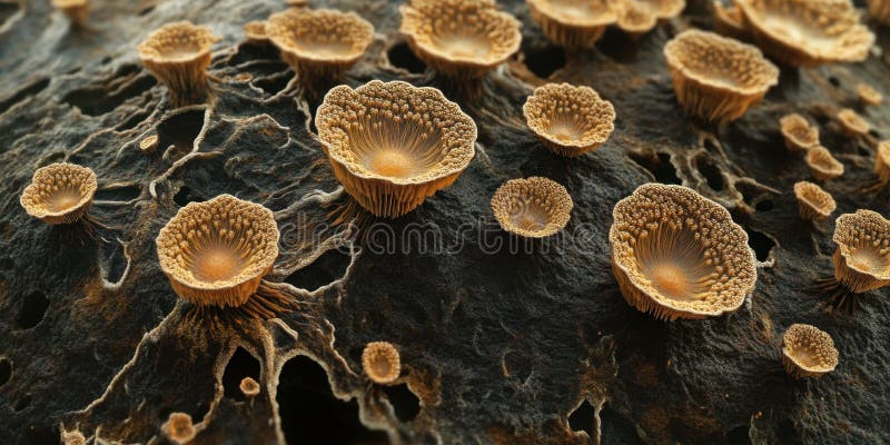 Microscopic View of Fungi Spores on Dark Surface with Textured Patterns ...