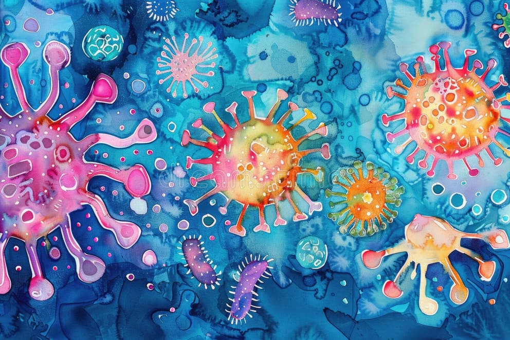 A Microscopic View of Germs on a Blue Background, Useful for Health and ...