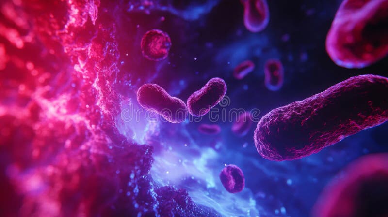 Microscopic View of Glowing Bacteria Cells in Red and Blue Hues Stock ...