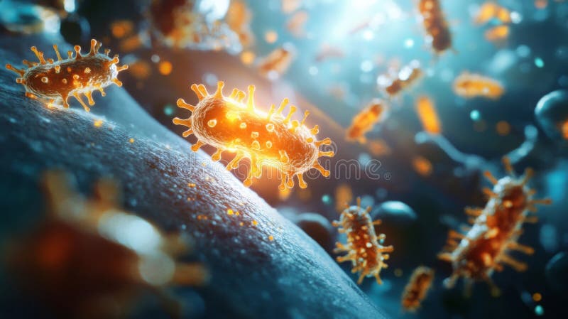 Microscopic View of Glowing Bacteria Interacting in a Vibrant Cellular ...