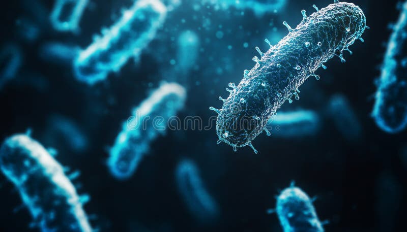 Microscopic View of Glowing Blue Bacteria, 3D Render. Scientific or ...