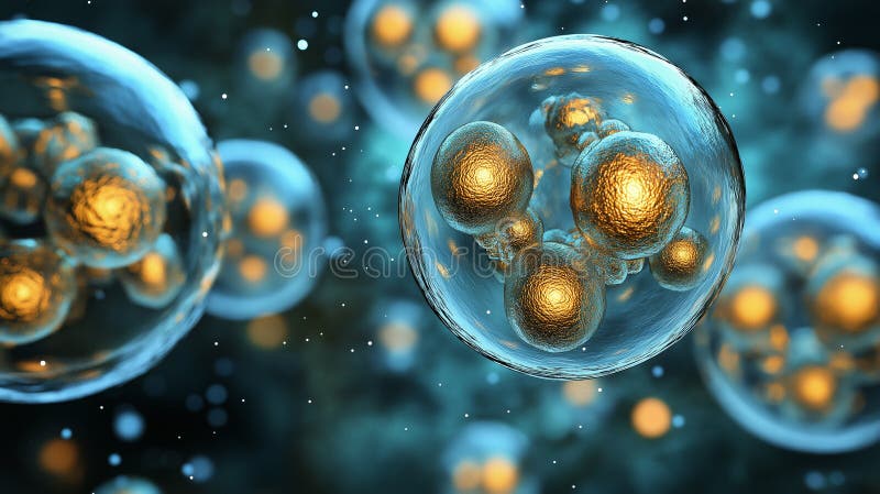 Microscopic View of Glowing Cells with Golden Cores, Representing ...