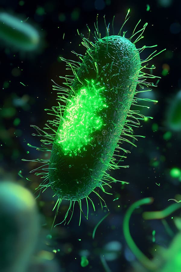 Microscopic View of Glowing Green Bacteria Illuminated Against a Dark ...