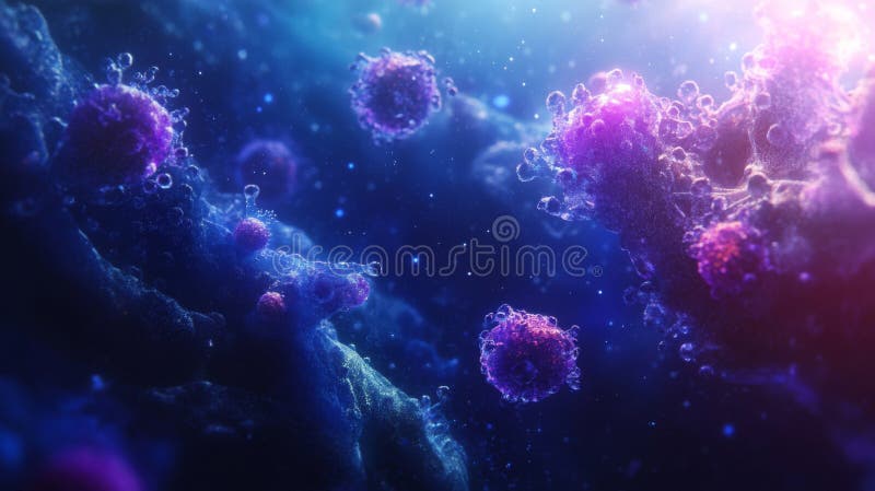 Microscopic View of Glowing Purple and Blue Virus Cells Stock ...