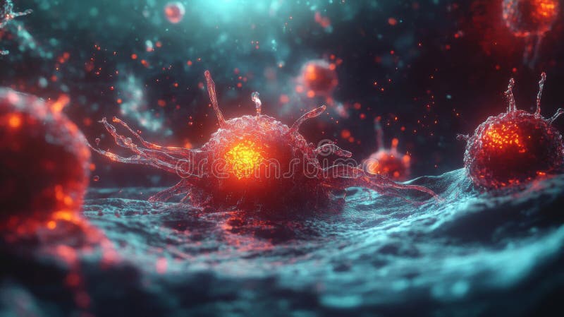 Microscopic View of Glowing Red Cancer Cells Stock Illustration ...
