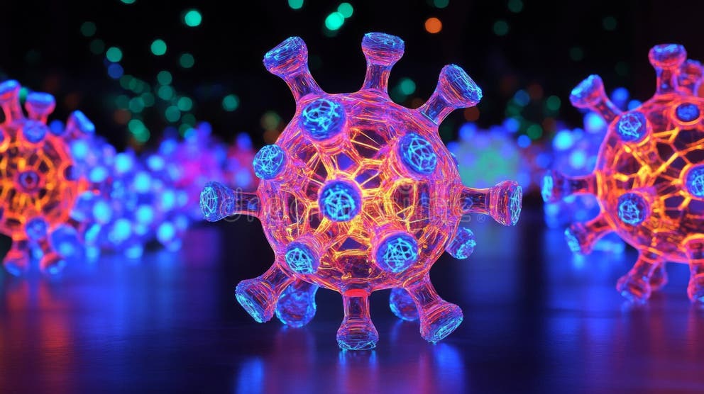 Microscopic View of a Glowing Virus. 3D Render of Viral Infection Stock ...