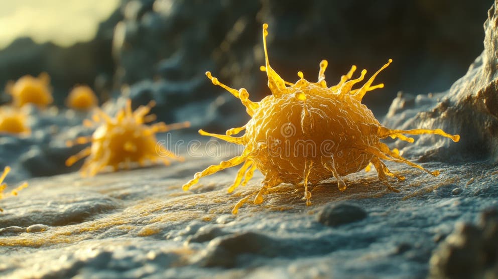 Microscopic View of Golden Spiked Cells on a Surface Stock Image ...