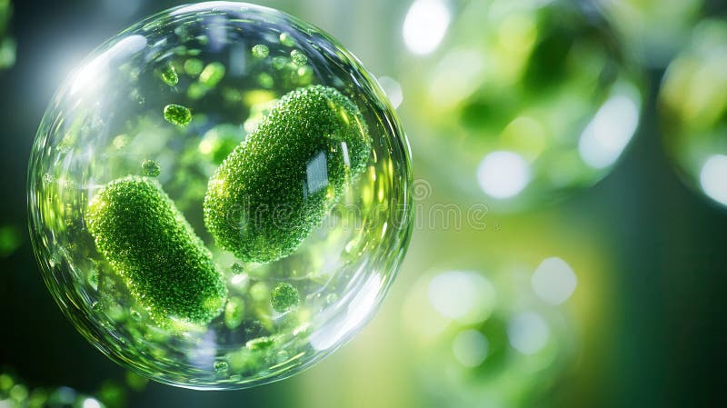 Microscopic View of Green Bacteria within a Transparent Cell in a Lab ...