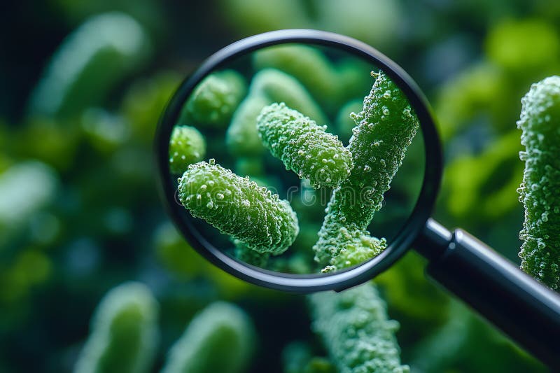 Microscopic View of Green Bacteria Under Magnifying Glass 3D Render ...