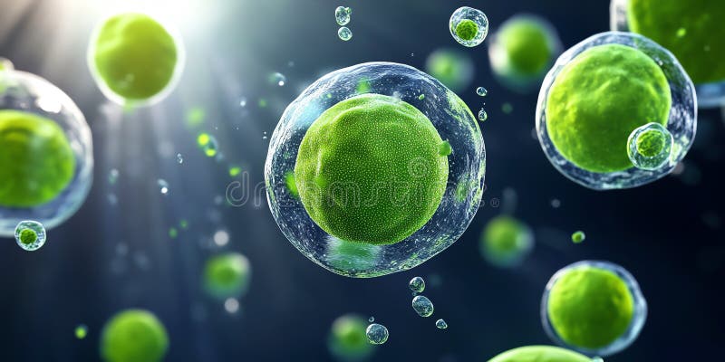 Microscopic View of Green Cells Floating in a Dark Background ...