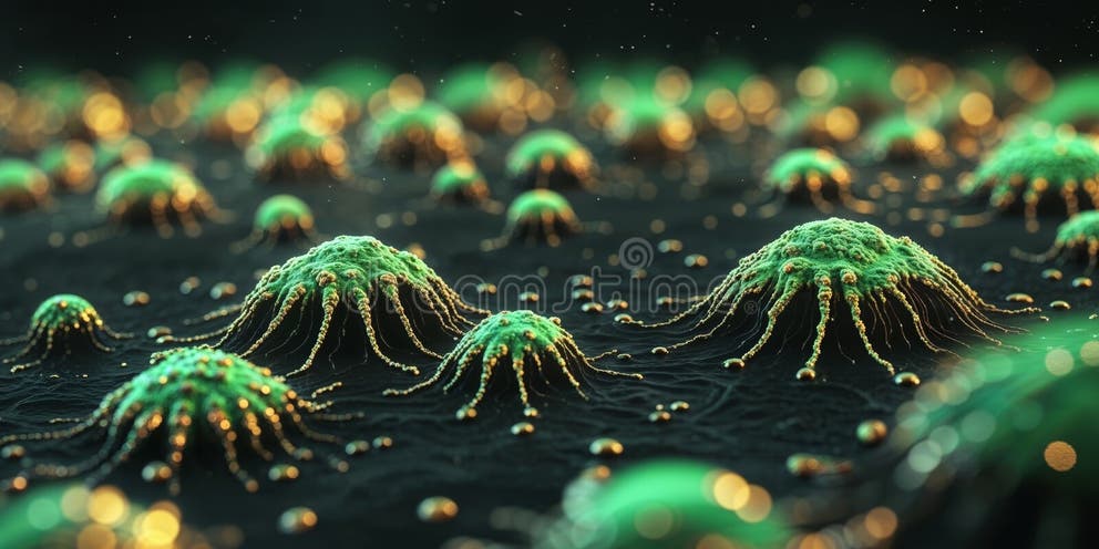 Microscopic View of Green and Gold Bacteria in Dark Background. Stock ...