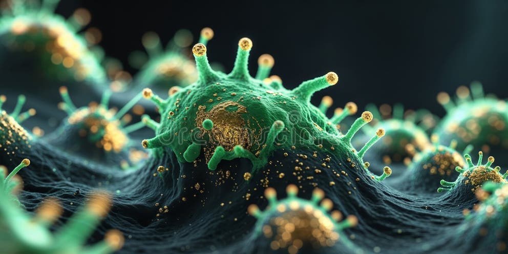 Microscopic View of Green and Gold Bacteria in Dark Background Stock ...
