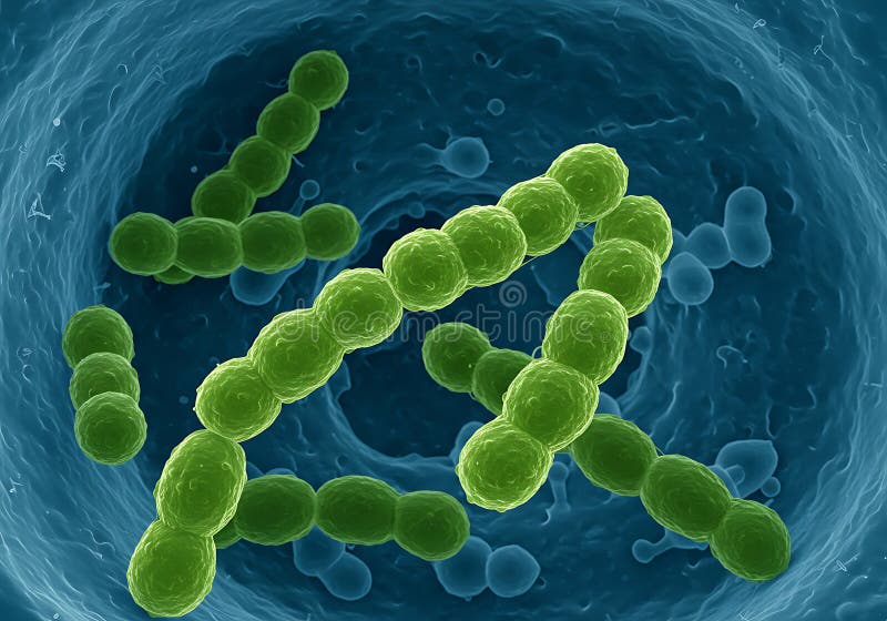 Microscopic View of Green Streptococcus Bacteria Chains Forming ...