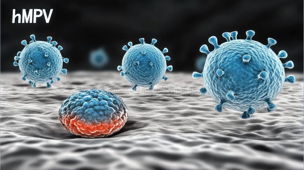 Microscopic View of Human Metapneumovirus (hmpv) Particles on Cellular ...