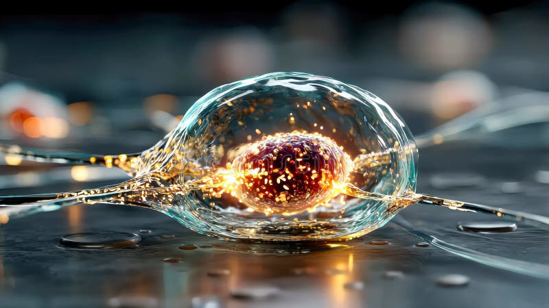 Microscopic View of an Illuminated Biological Cell with Glowing ...