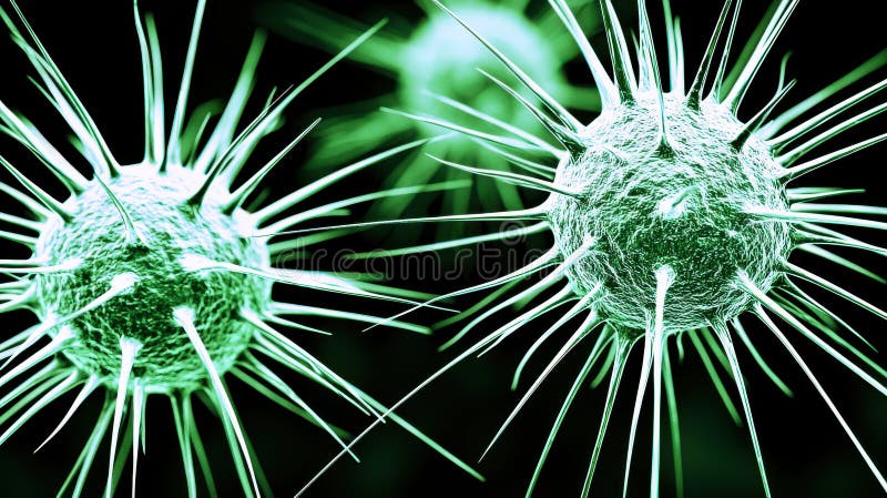 Microscopic View of Illuminated Infected Cells Showcasing Spiky ...