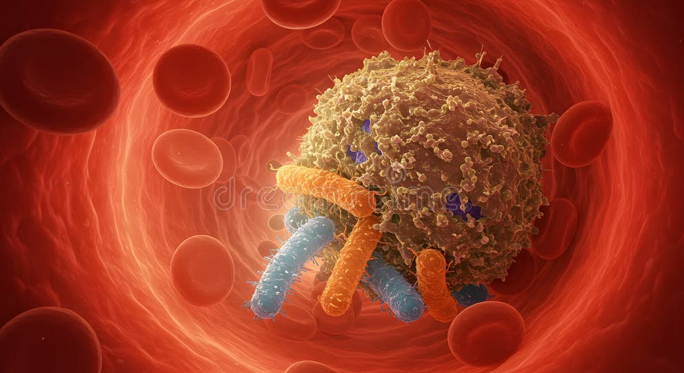 Microscopic View of Immune Cell Attacking Bacteria within Blood Vessel ...