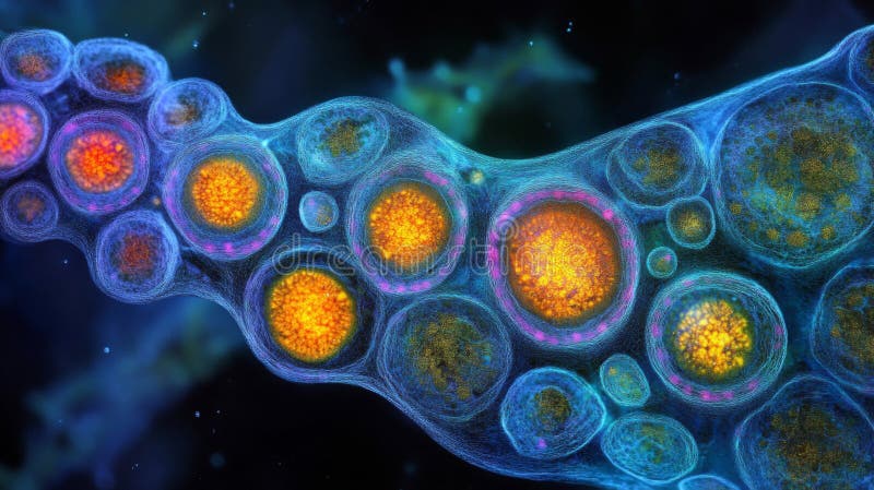 Microscopic View of Interconnected Glowing Cells in a Complex ...