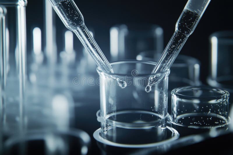 Microscopic View of Laboratory Test Tubes and Beakers with Biological ...