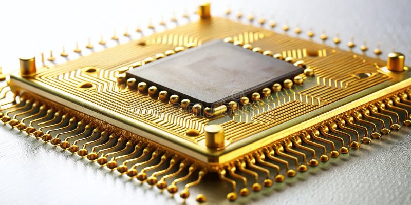 Microscopic View of a Modern Computer Microchip Gold Bonding Pads and ...