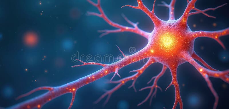 Microscopic View of a Motor Neuron. Red Cell Body with Glowing Yellow ...