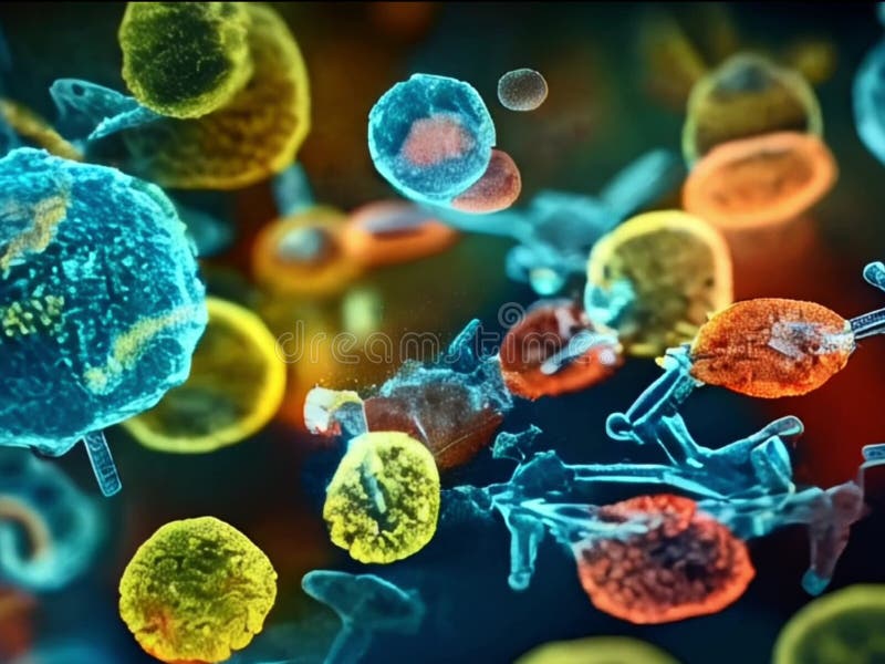 Microscopic View of Multicolored Cells, Some Undergoing Division ...