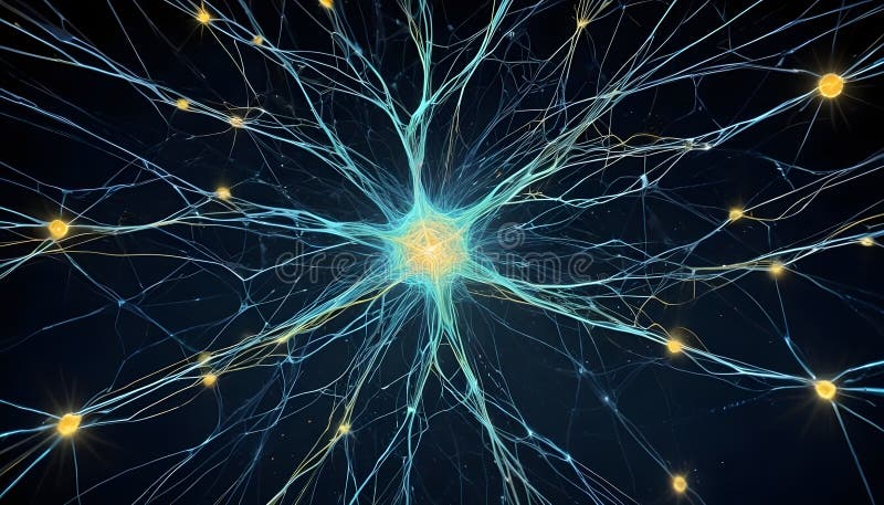 Microscopic View of a Neuron with Glowing Dendrites and Synapses Firing ...